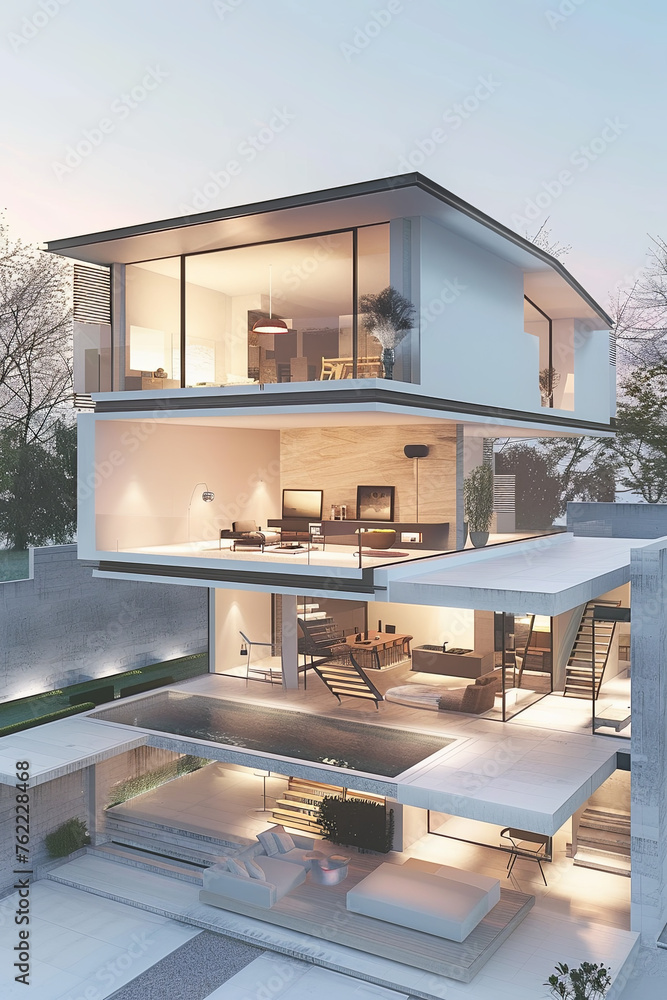 Cross-section view of an interior design of a house Stock Illustration ...
