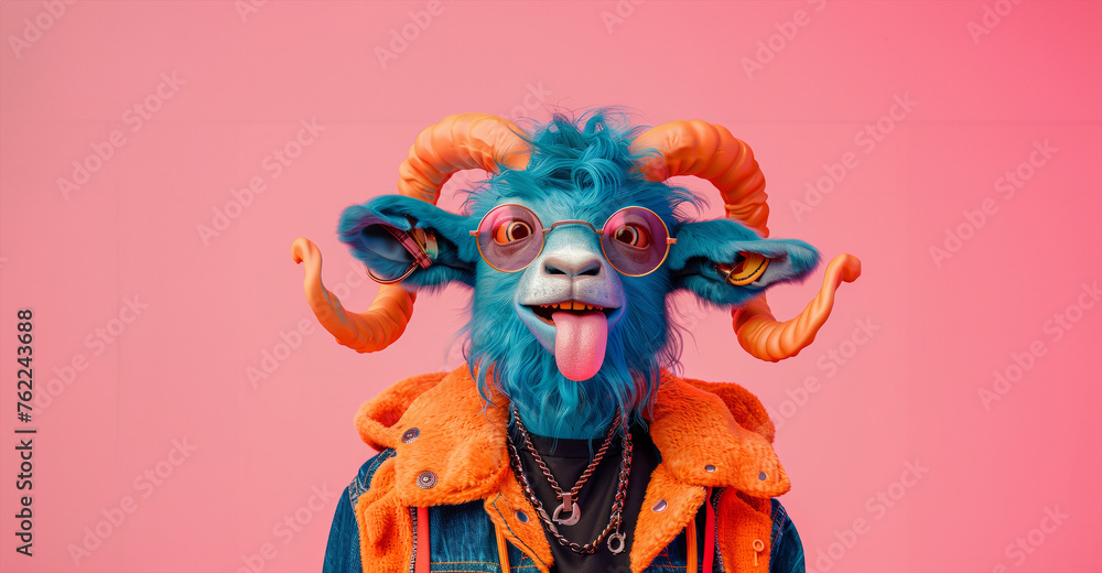 blue orange goat with sunglasses and a tongue sticking out. The goat is ...
