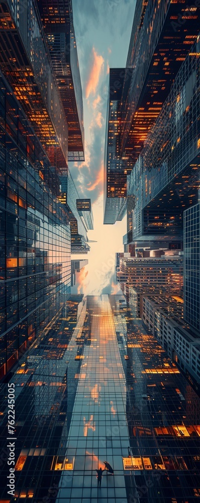 Amidst a cityscape of overlapping skyscrapers, a persons reflection ...