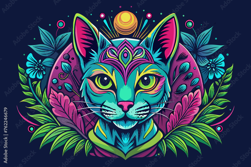 a hippy cat head, print ready vector t-shirt design, sticker dark black ...