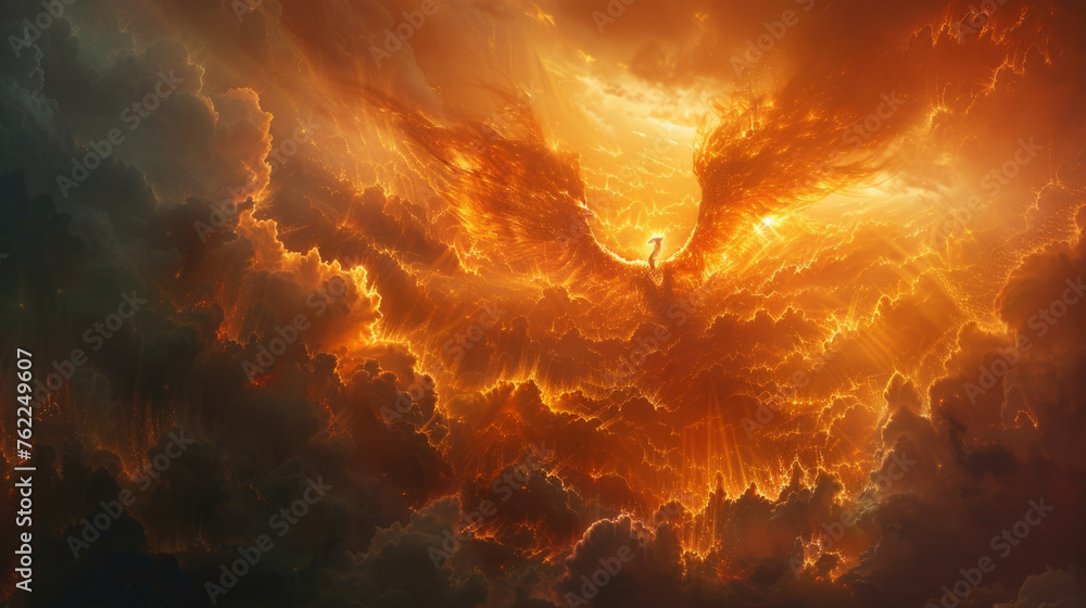 A digital artwork depicting a majestic phoenix rising from flames ...