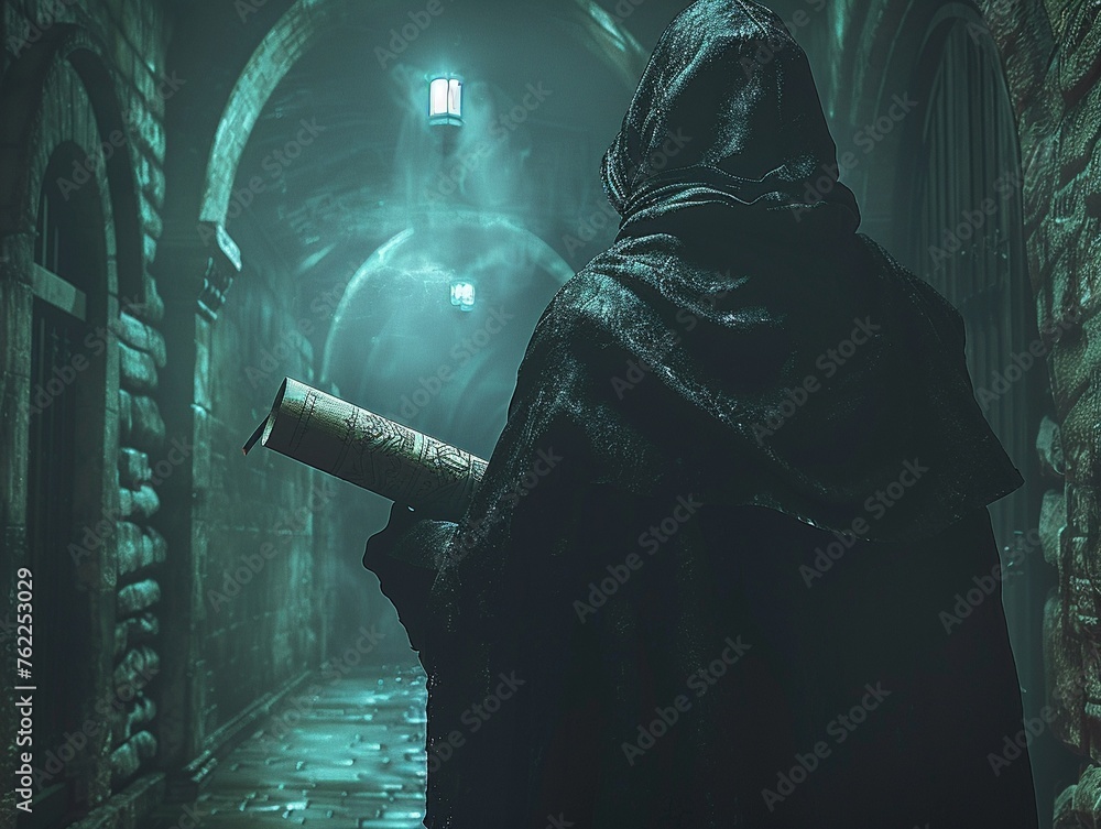 A hooded figure sneaks through a shadowy alley, clutching a scroll ...