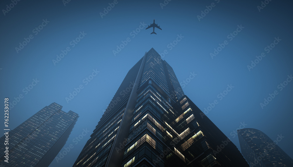Airplane flying above high rise buildings and reflects on glass facade ...