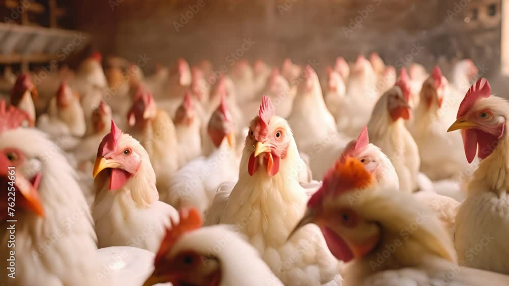 A group of white chickens are standing in a pen. They are all facing ...