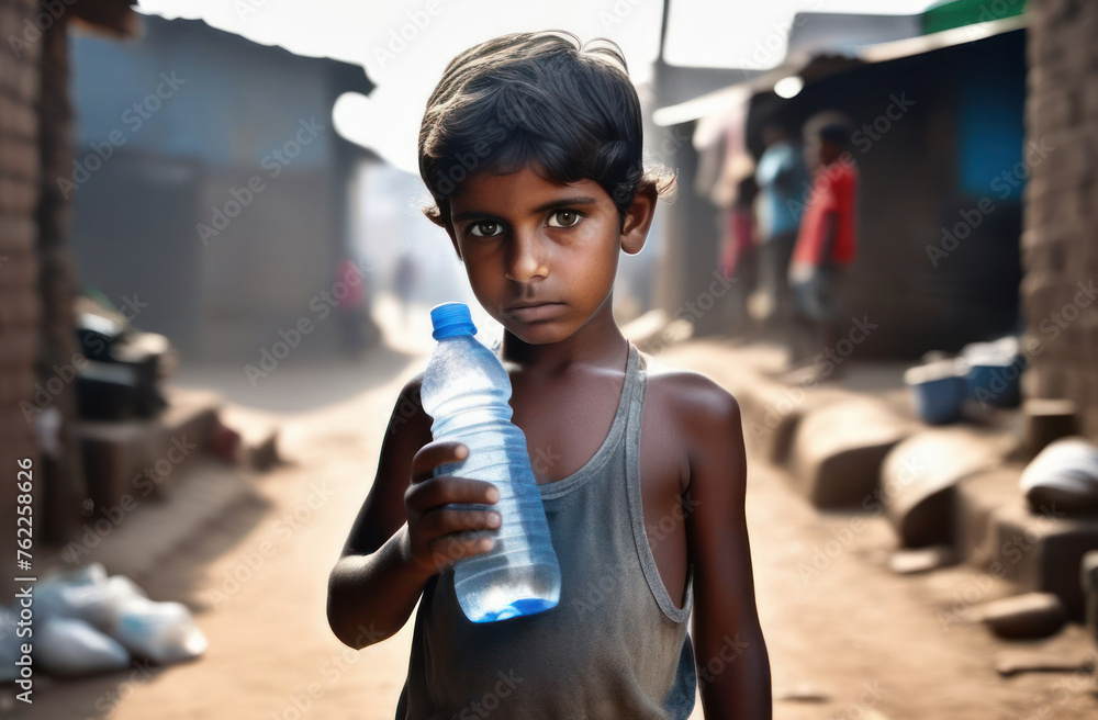 Poor Indian boy with a bottle of water in the slums. Lack of water ...