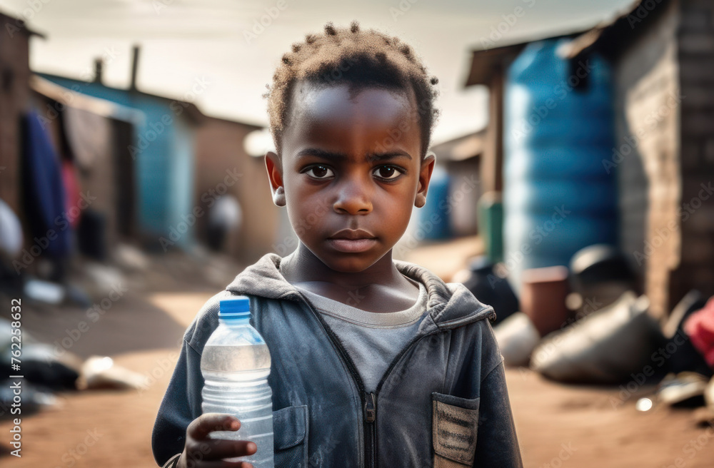 Poor African American boy with a bottle of water in the slums. Lack of ...