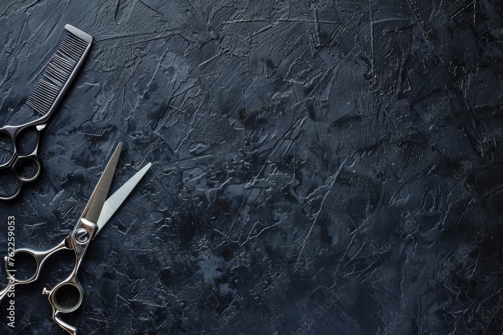 Basic conceptual hairdressing background with two scissors and comb on ...