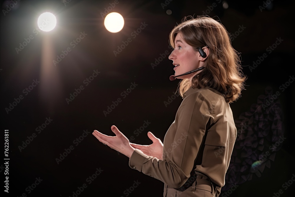 A female presenter with warm brown shoulder-length hair in a dynamic ...