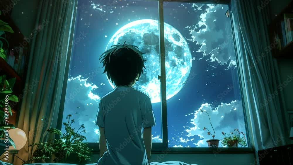 Lofi anime boy looking at the full moon on the night sky from inside ...