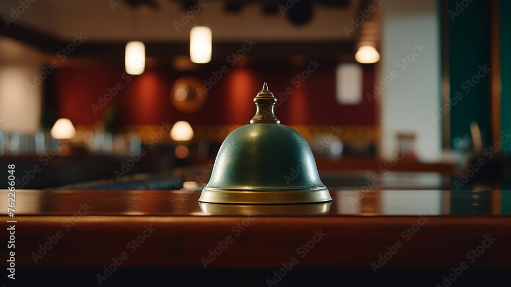 a bell to call the hotel staff at the reception desk a blurry view of ...