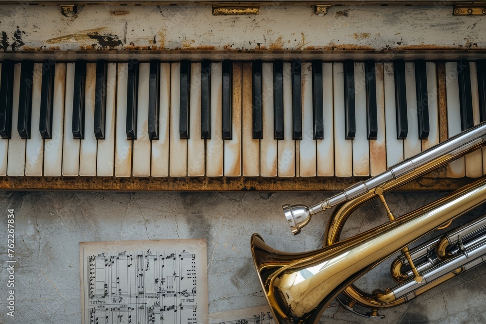 Brass instruments and piano concert concept with background of ...