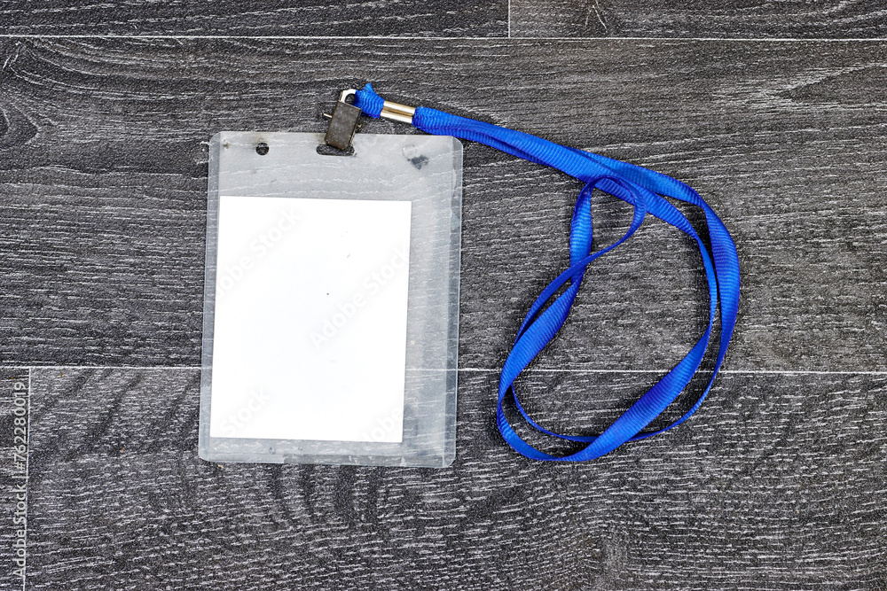 Blank badge mockup. Plain empty name tag mock up on wood table. Name ...