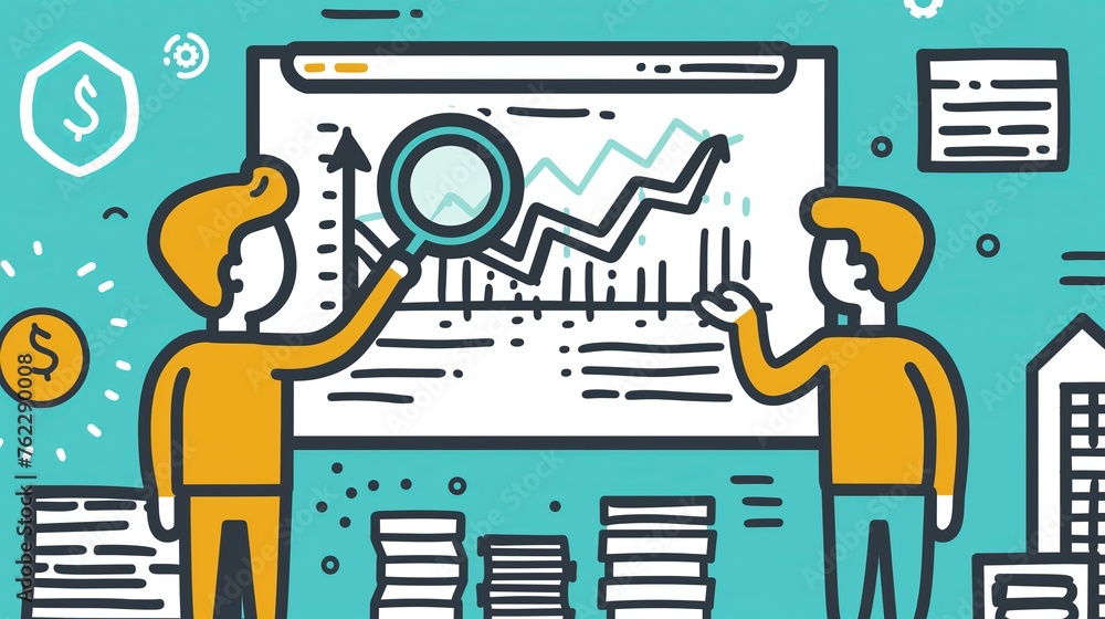 Two men with a trading economy statistics chart levels grow market ...