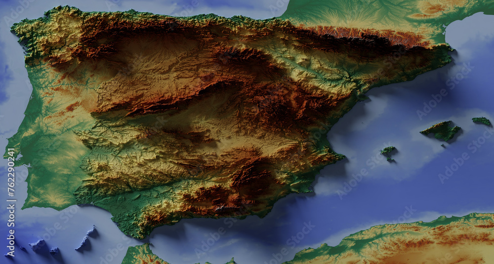 Relieve Topográfico de la península Ibérica y las Islas Canarias Stock ...