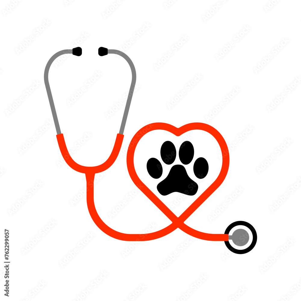 Veterinary medicine symbol. Pet paw print and stethoscope in the shape ...