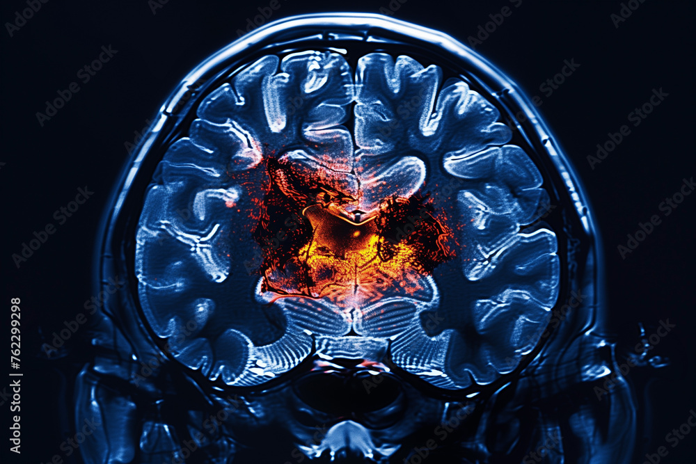Imaging of human brain with glow red color show pathologic lesion in ...