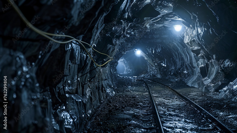 A dark backdrop featuring an underground coal mine tunnel, evoking ...