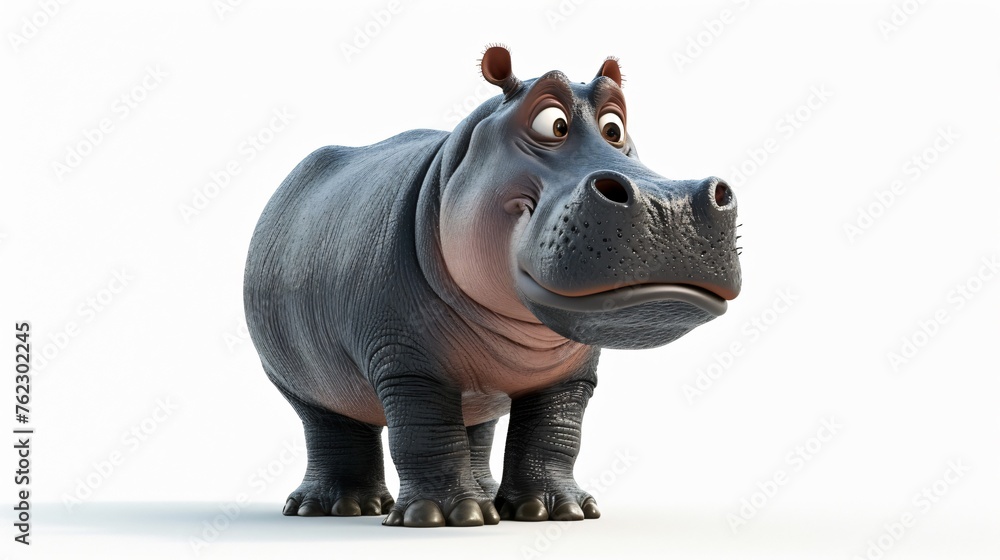 3D rendering of a cute and friendly hippopotamus standing on a white ...