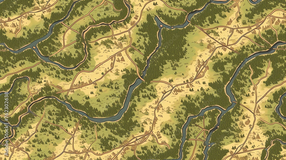 A seamless pattern of a hand-drawn map. The map features a variety of ...