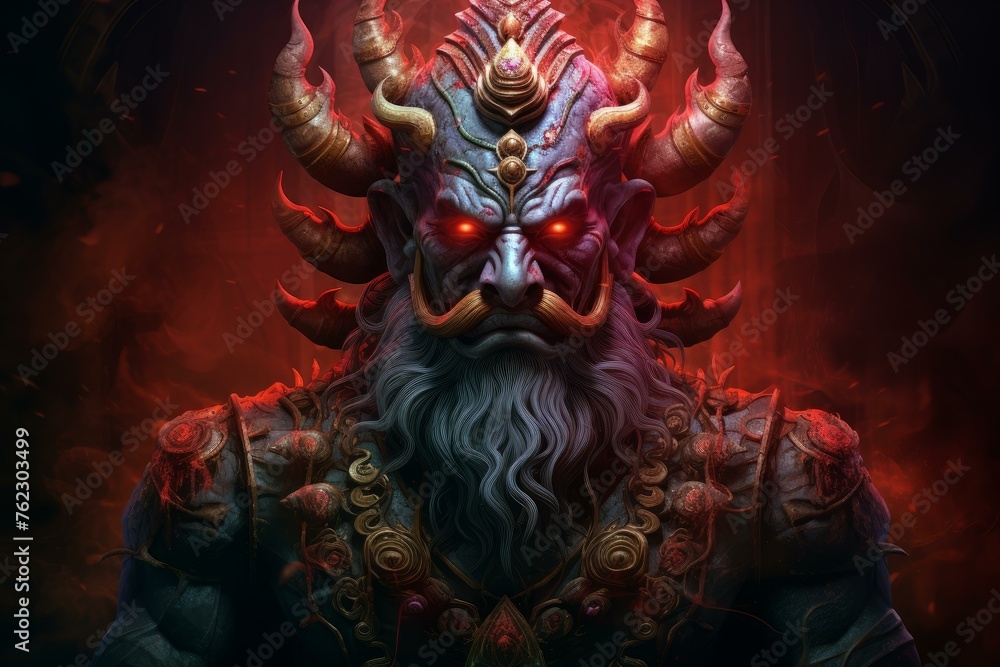 Wrathful Ravana indian demon. Rugged mystical and horned creature with ...