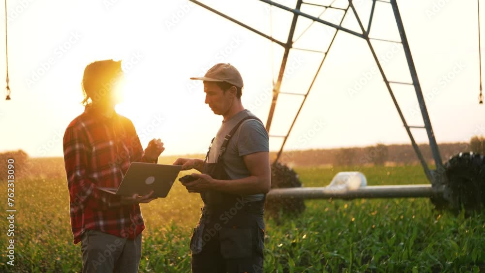Agriculture.Teamwork of farmers in corn field. Irrigation system.Work ...