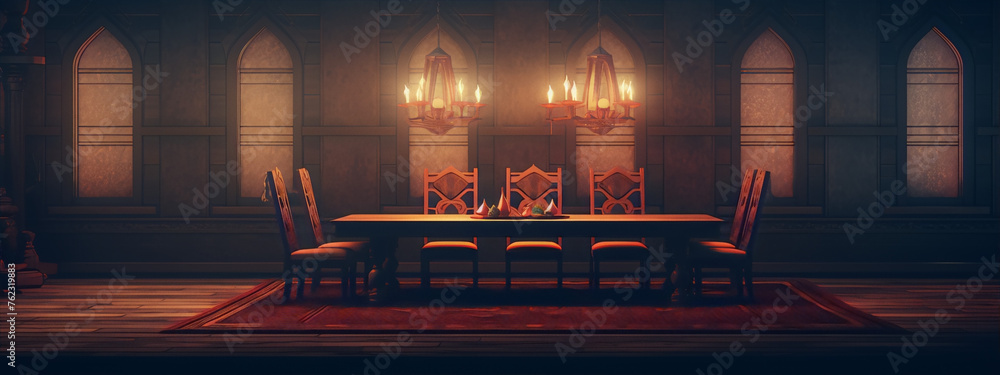 Mystical 3D rendering of a fantasy medieval dining hall with a long ...