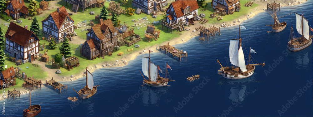 A top down view of a bustling medieval harbor town with half-timbered ...