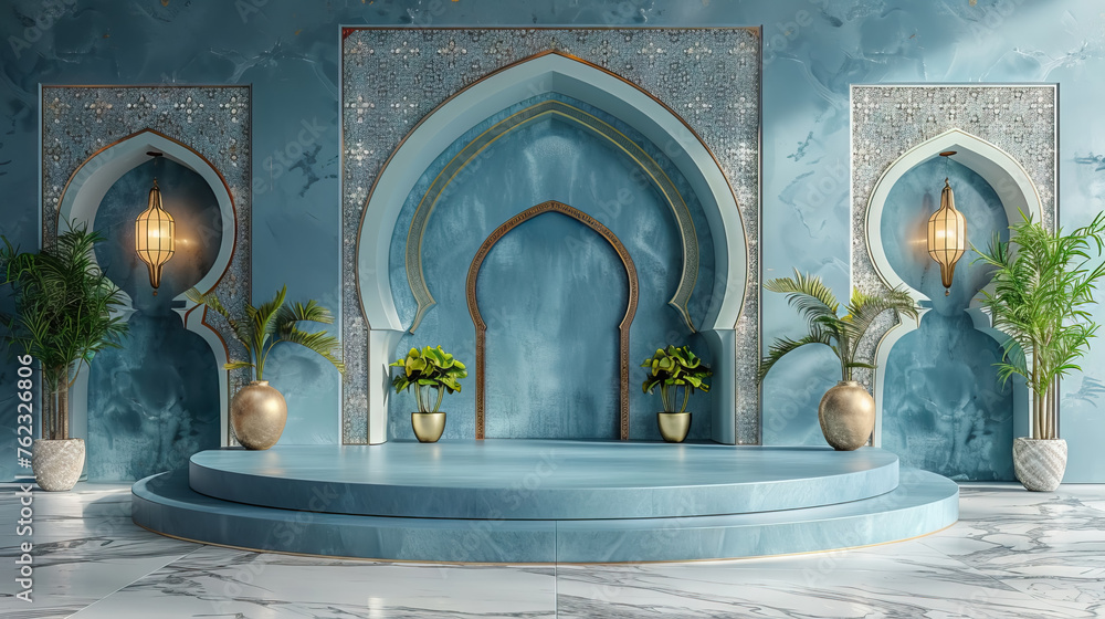 blue Islamic display podium decoration background with islamic ornament ...