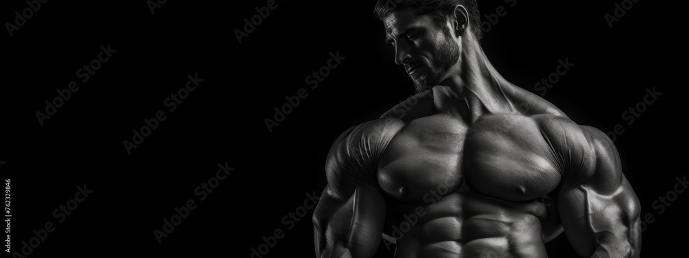 Shirtless muscular male bodybuilder on a black background. Stock Photo ...