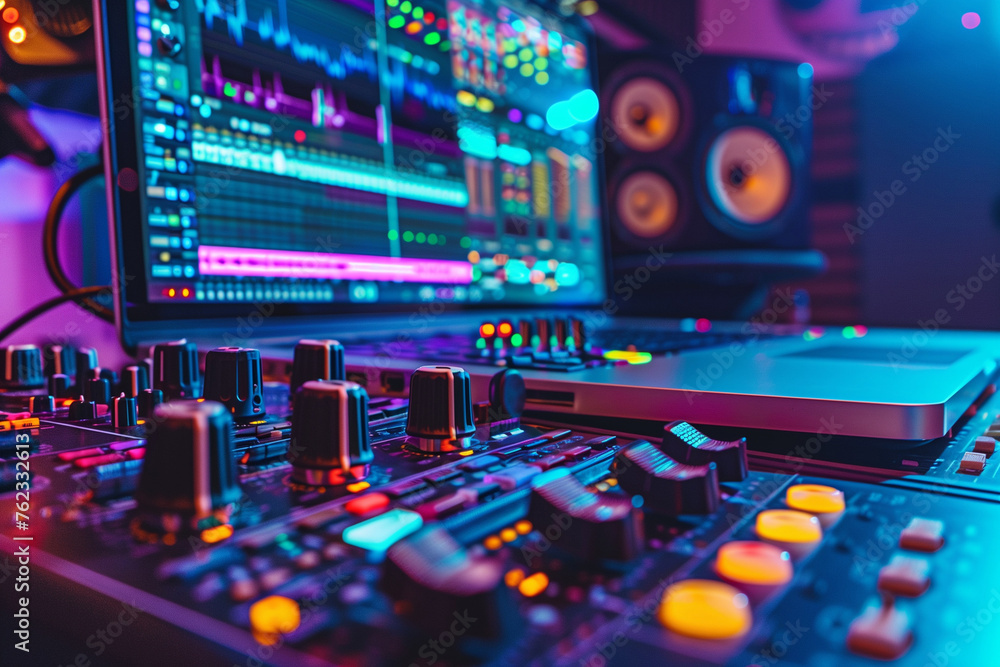 Modern Music Record Studio Control Desk with Laptop Screen Showing User ...