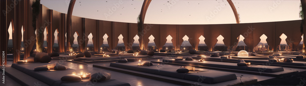 Futuristic middle eastern architecture with lounge beds and a glowing ...