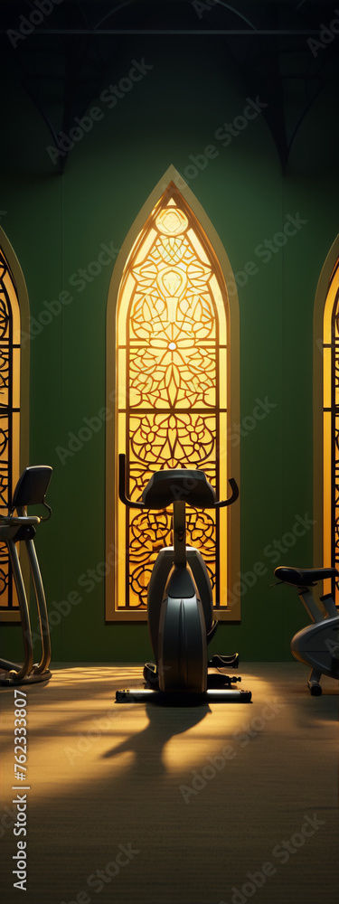 3d rendering of a modern home gym with stained glass windows in an ...