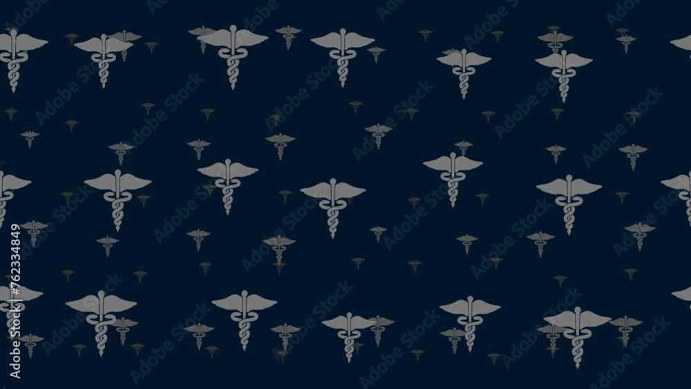 Caduceus symbols float horizontally from left to right. Parallax fly effect. Floating symbols ...