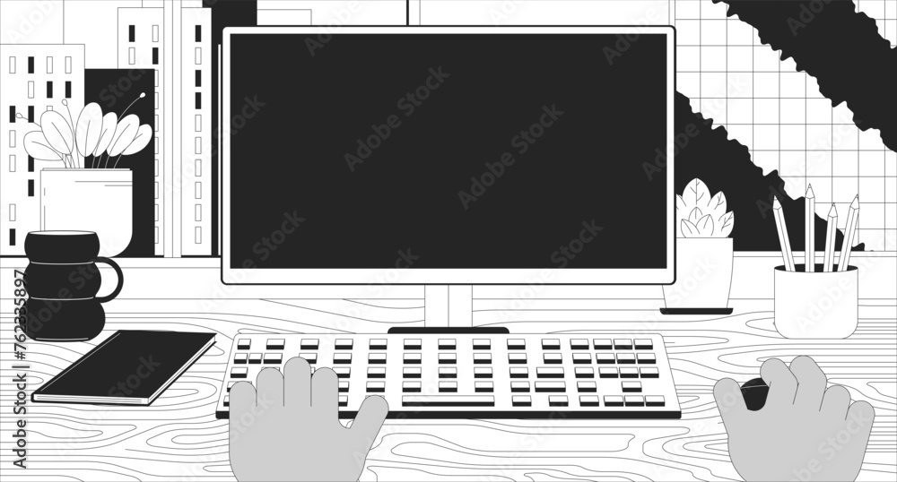 Black man working on computer 2D linear illustration concept. Blank ...