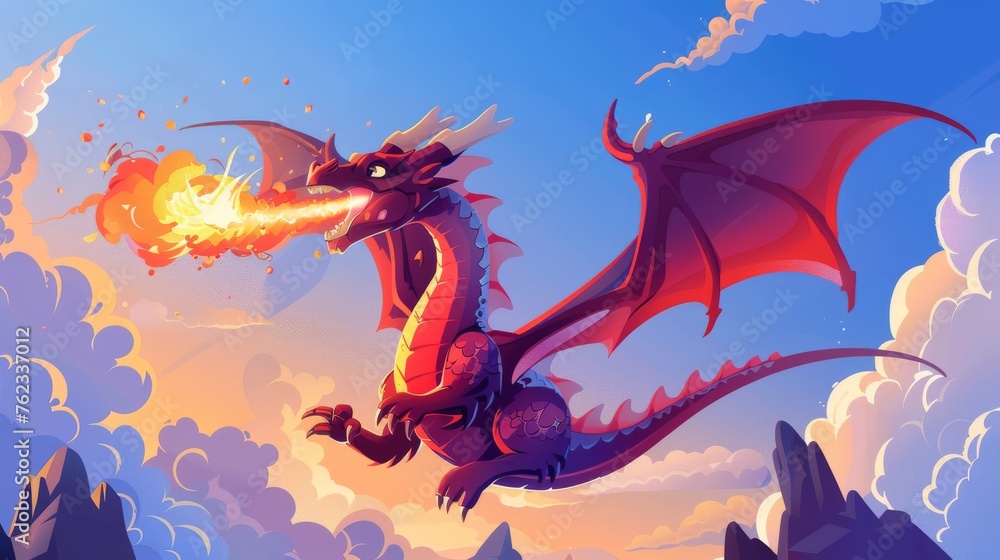 Animated fantasy dragon in blue sky breathing fire, medieval adventure ...