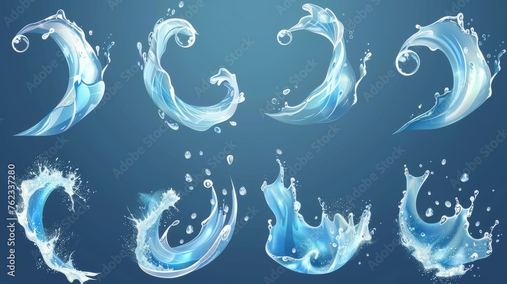 Realistic modern set of clean liquid underwater spin whirlwind with ...