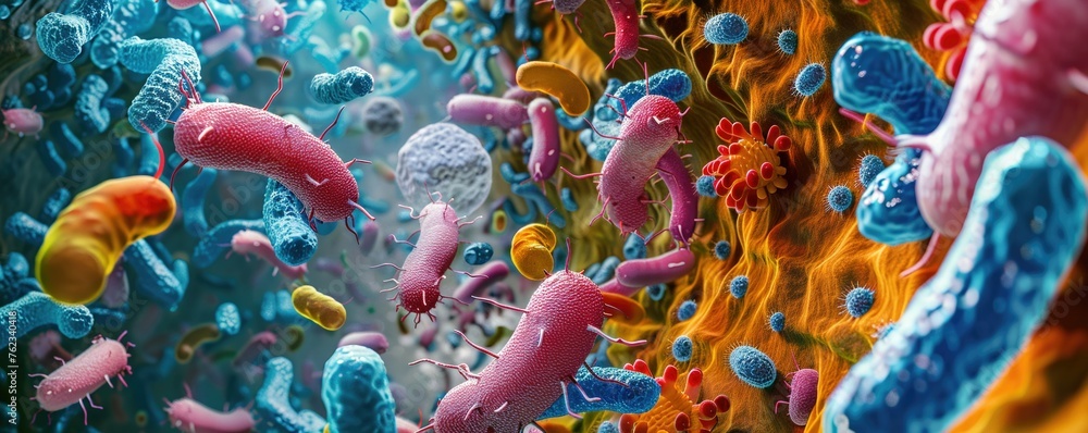 A microscopic view of a human gut microbiome, teeming with bacteria ...