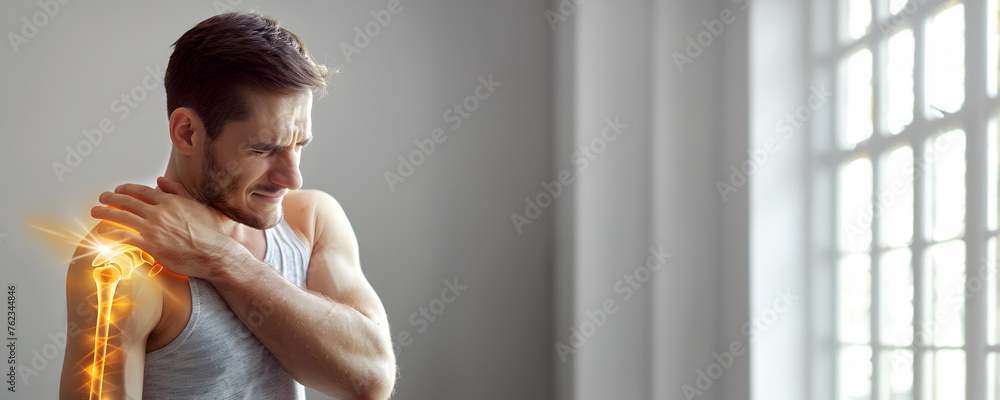 Pain concept - man suffering from shoulder pain, pain is visualized as ...
