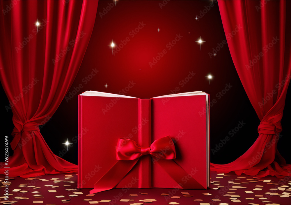 Red book with a red ribbon on a stage with red curtains and a red ...
