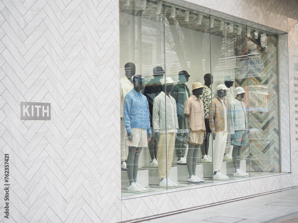 TOKYO, JAPAN - March 19, 2024: Display in the window of a Kith store in ...