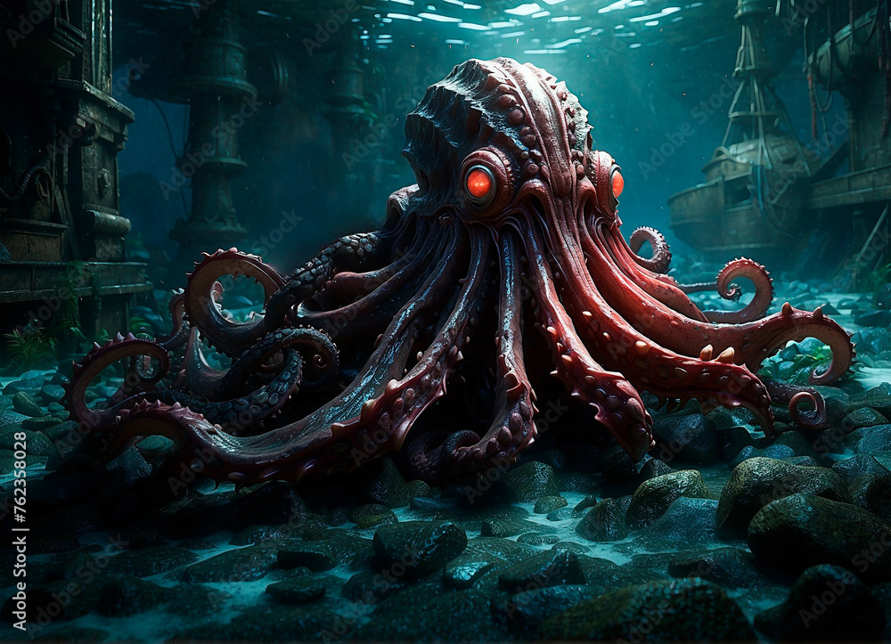 Monster of the deep, a colossal octopus on an ocean floor with ancient ...