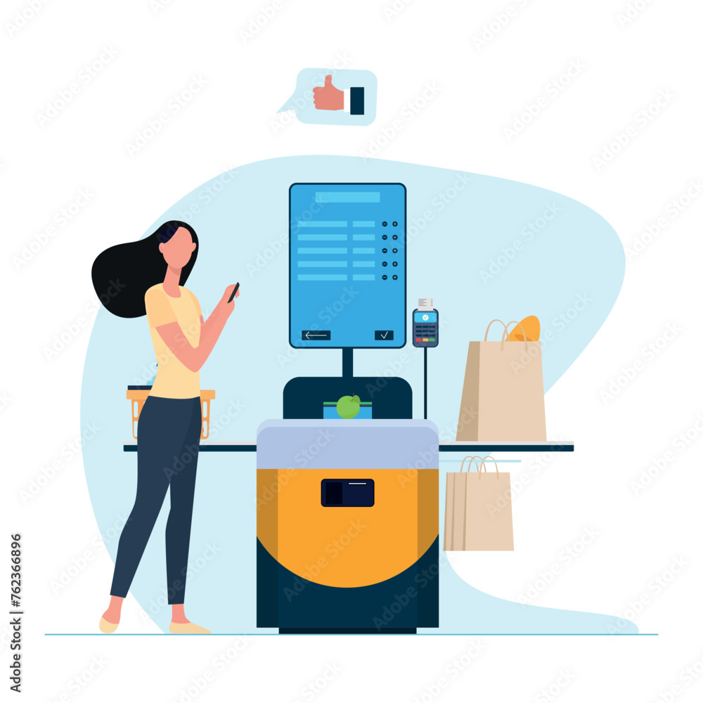 Web Self-service checkout. a woman is checking out goods at a self-service checkout. payment by ...