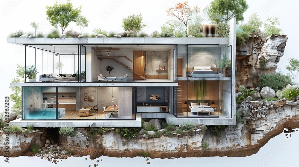 Sectional view of a drawing of an underground house with a multi-level ...
