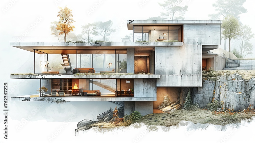 Sectional view of a drawing of an underground house with a multi-level ...