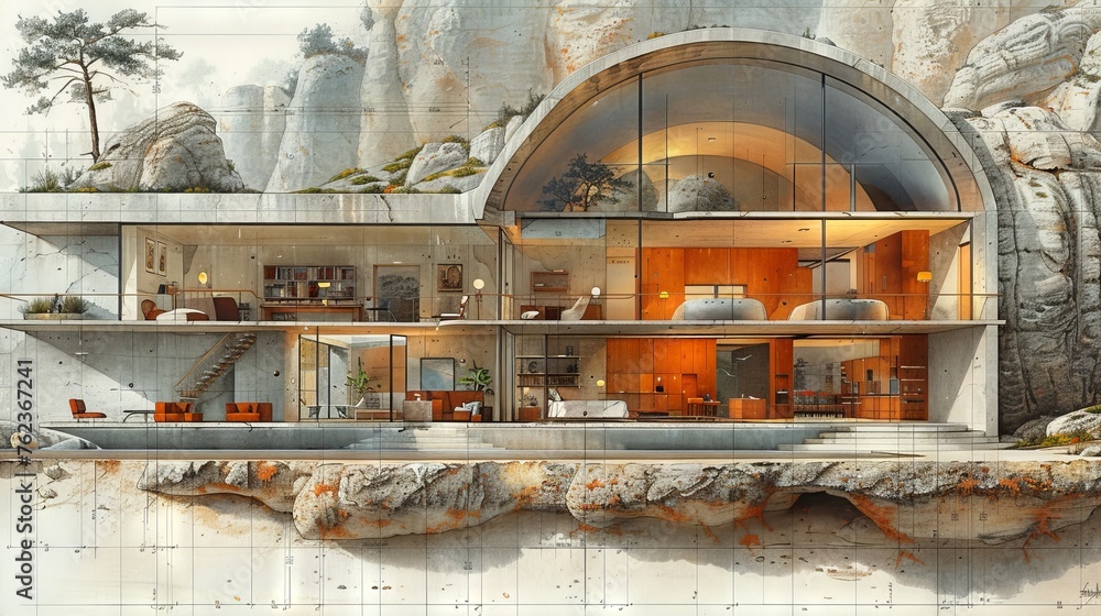 Sectional view of a drawing of an underground house with a multi-level ...