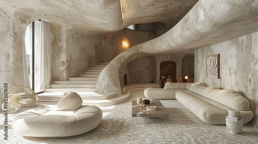 Sectional view of a drawing of an underground house with a multi-level ...