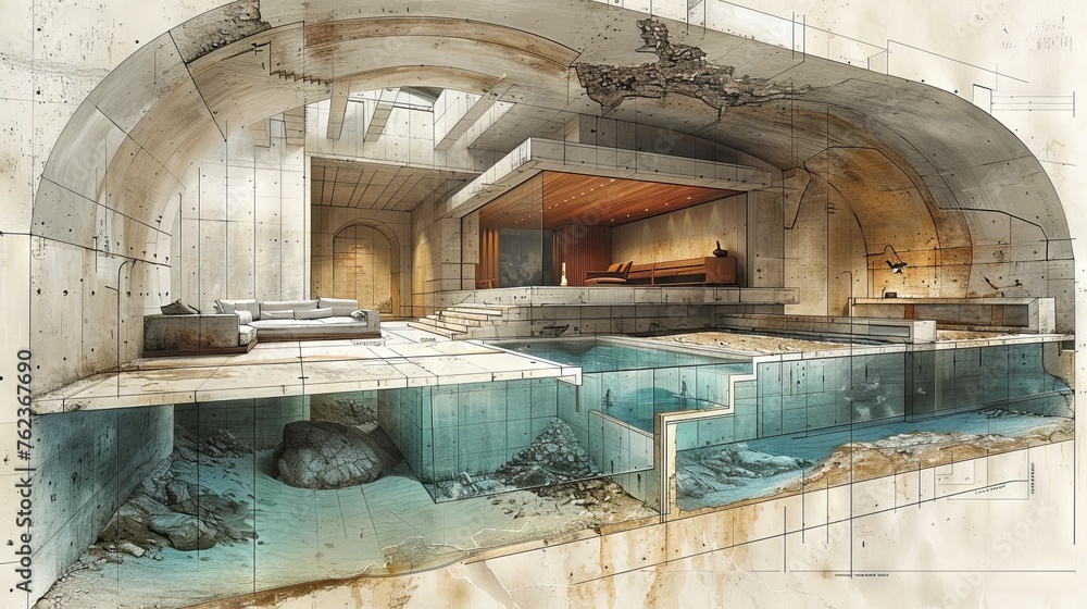Sectional view of a drawing of an underground house with a multi-level ...