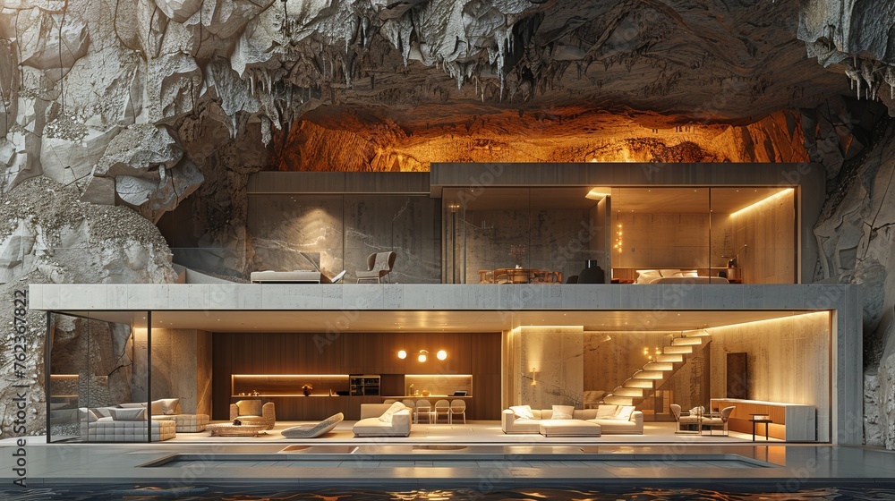 Sectional view of a drawing of an underground house with a multi-level ...