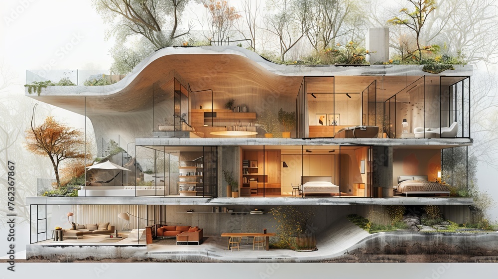 Sectional view of a drawing of an underground house with a multi-level ...