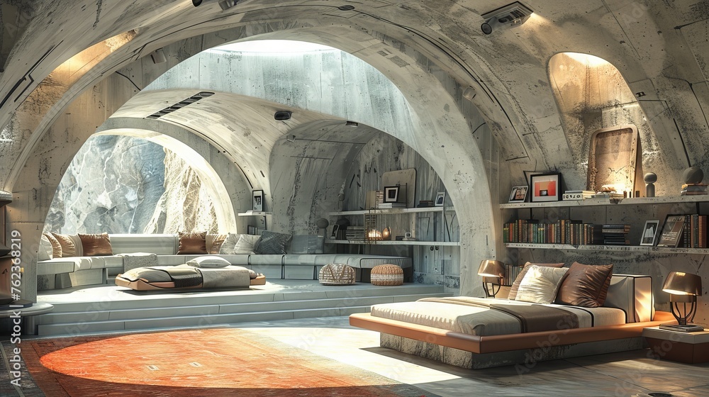 Sectional view of a drawing of an underground house with a multi-level ...